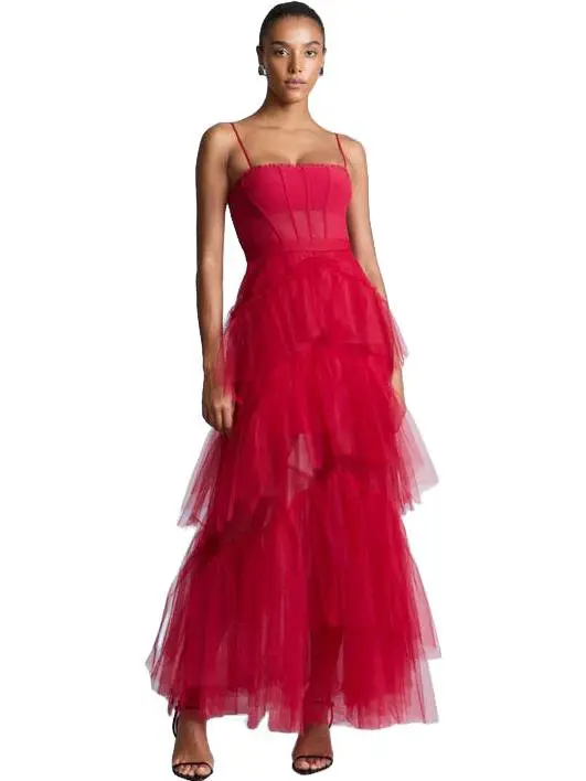 Bcbgmaxazria Oly Tiered Ruffle Tulle Evening Gown - Chilli Pepper