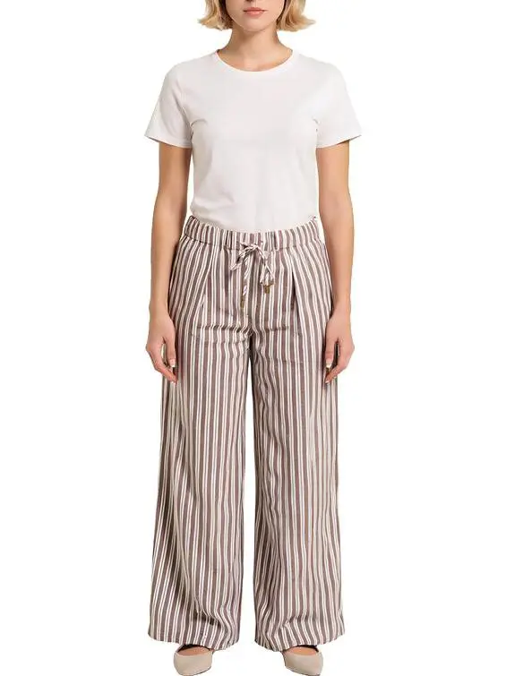 NELLE ATELIER The Tommy Petite Linen Slit Pant - Chocolate Stripe