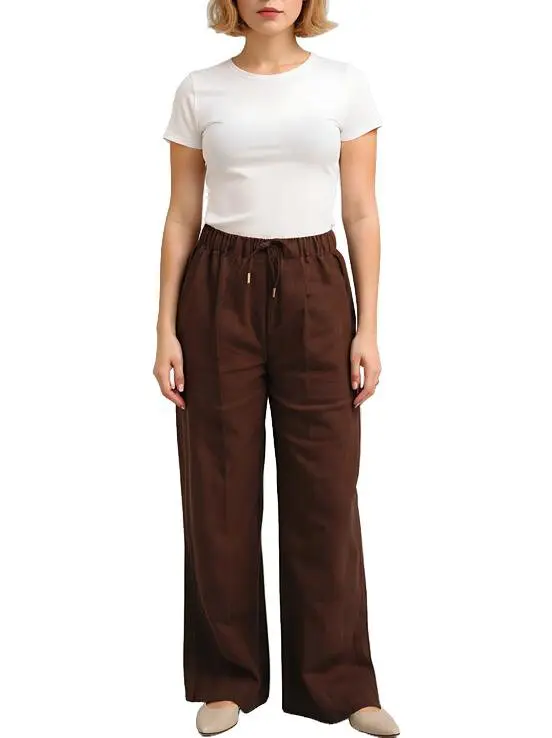 NELLE ATELIER The Tommy Petite Linen Slit Pant - Chocolate