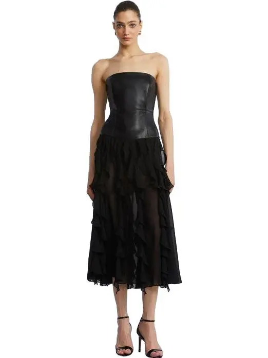 Bcbgmaxazria Leather Chiffon Dress - Black