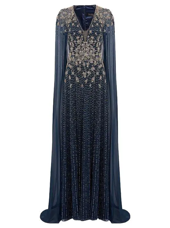 Jenny Packham Moonlight Star-embellished Cape-design Maxi Dress - Blackthorne Blue