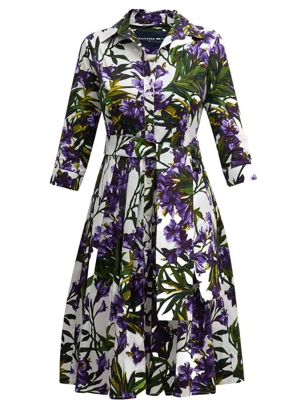 Samantha Sung Audrey 1 Belted Floral-print Cotton Midi Dress - White Lilac