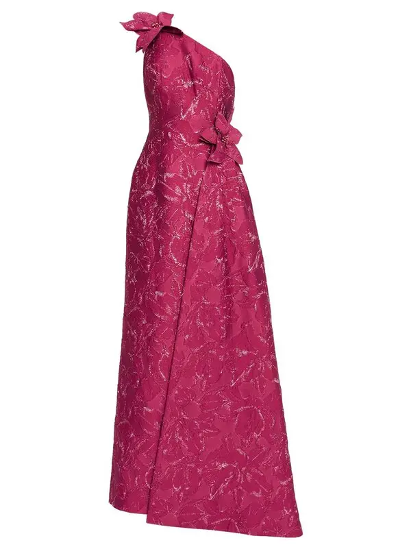 Rickie Freeman For Teri Jon Draped One-shoulder Floral Jacquard Gown - Dkpink