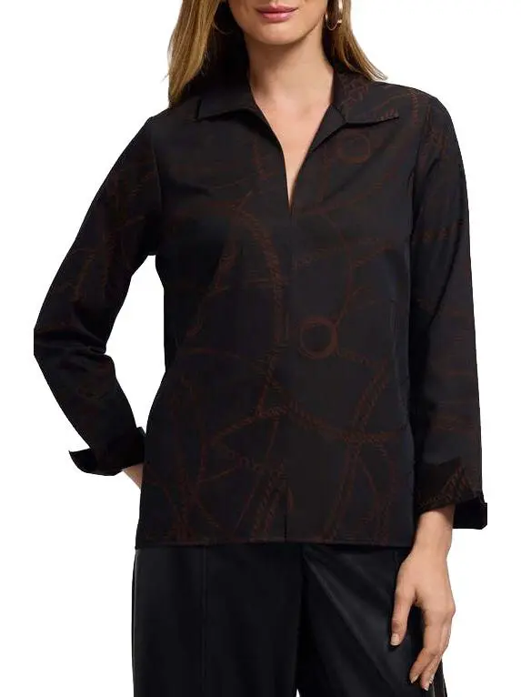 Foxcroft Agnes Printed Popover Shirt - Coffee Brown/black