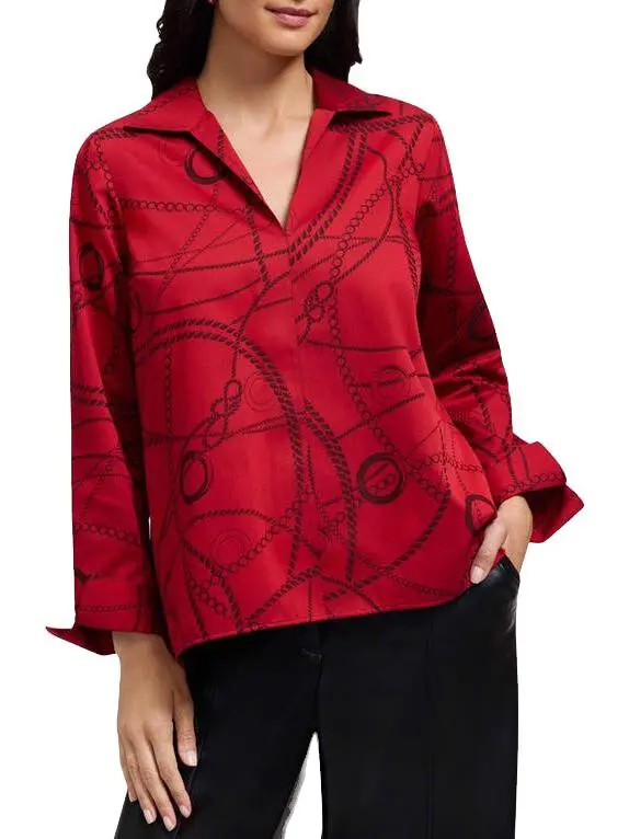 Foxcroft Agnes Printed Popover Shirt - Red/black