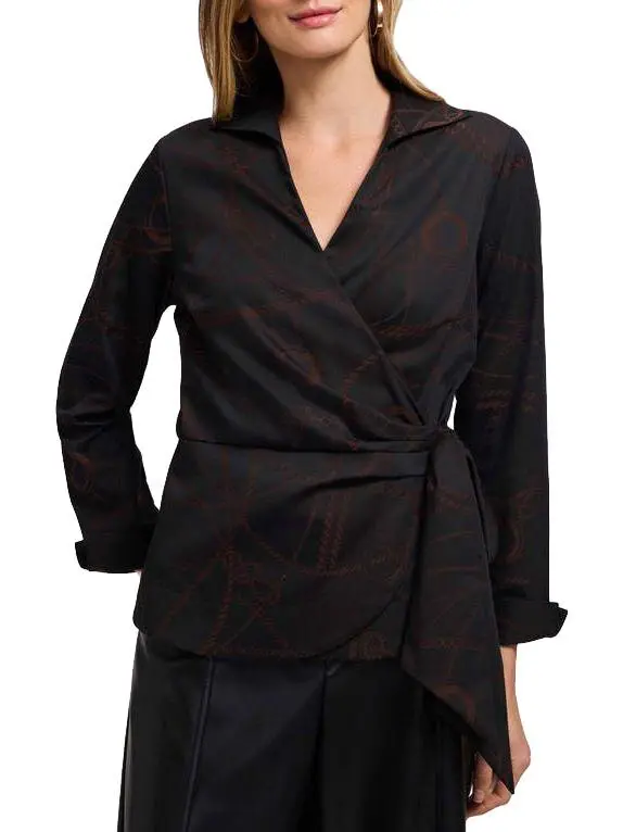 Foxcroft Salina Print Wrap Shirt - Coffee Brown/black