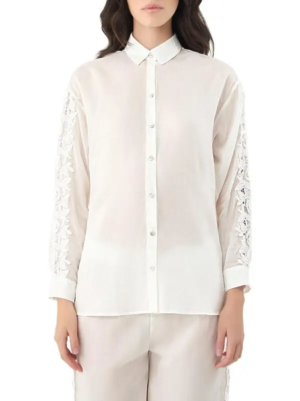 BOAMAR Marcia Lace Inset Semisheer Cover-up Shirt - White
