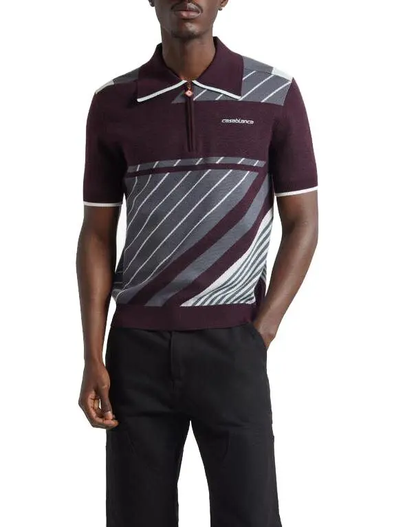 Casablanca Diagonal Stripe Merino Wool Quarter Zip Polo - Aubergine
