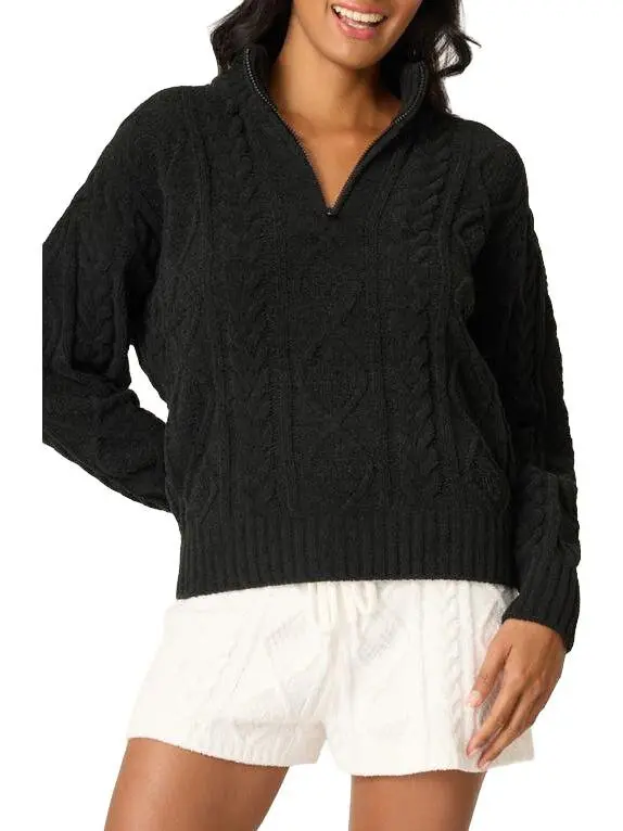 PJ Salvage Cozy Chenille Cable Knit Quarter-zip Pullover - Black