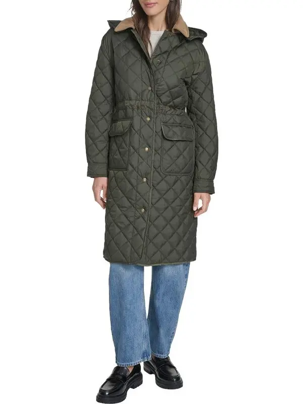 LEVI'S Diamond Quilted Hooded Long Coat - Olive