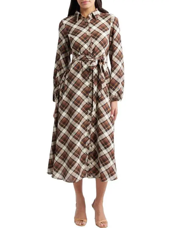 Julia Jordan Plaid Tie-waist Long Sleeve Midi Dress - Brown Multi
