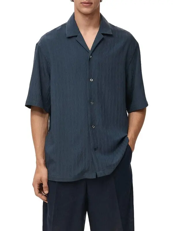 Mango Stripe Embroidered Camp Shirt - Navy