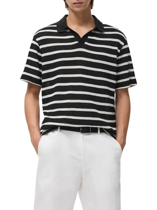 Mango Textured Stripe Johnny Collar Polo - Black