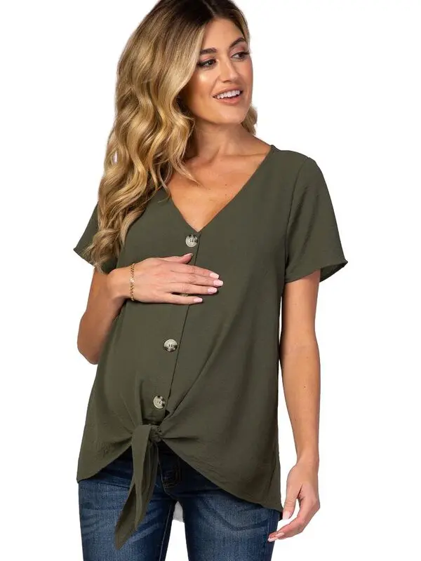 PINKBLUSH Button Tie Front Maternity Top - Light Olive