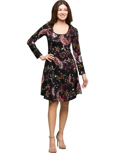 24SEVEN COMFORT APPAREL Paisley Print Long Sleeve Fit And Flare Dress - Black Multi