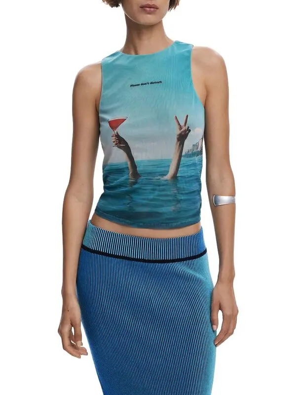 Desigual Cropped Mesh Tank Top - Sea