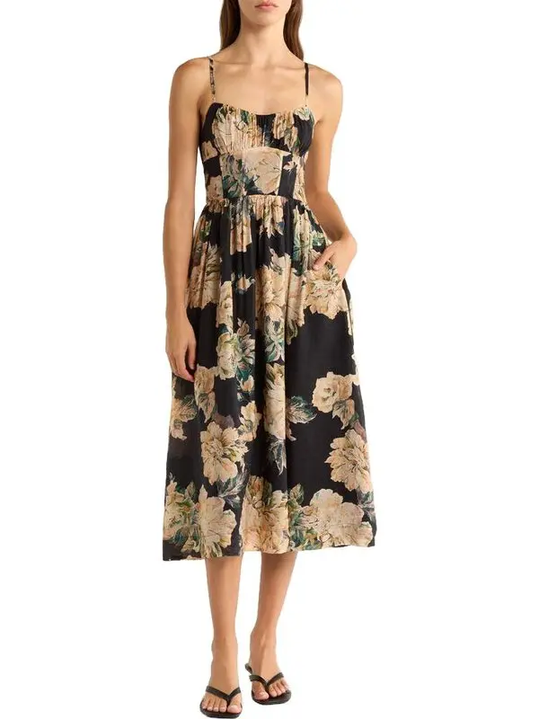 EN SAISON Peregrine Floral Print Sleeveless Midi Dress - Black Apricot