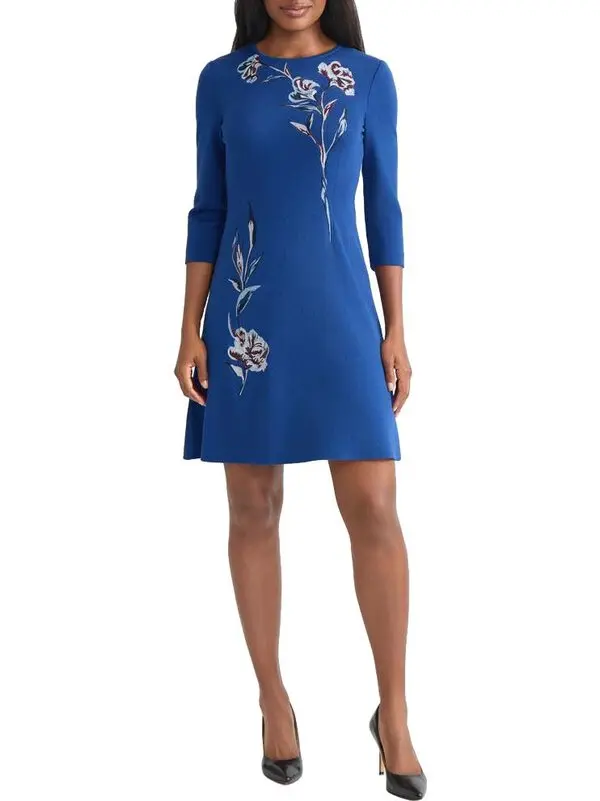 Misook Floral Embroidered Fit & Flare Dress - Lazuli Blue/sangra