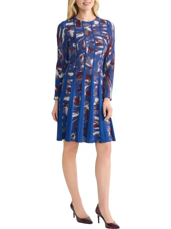 Misook Long Sleeve Jacquard Fit & Flare Dress - Lazuli Blue/sangria/pearl Gry