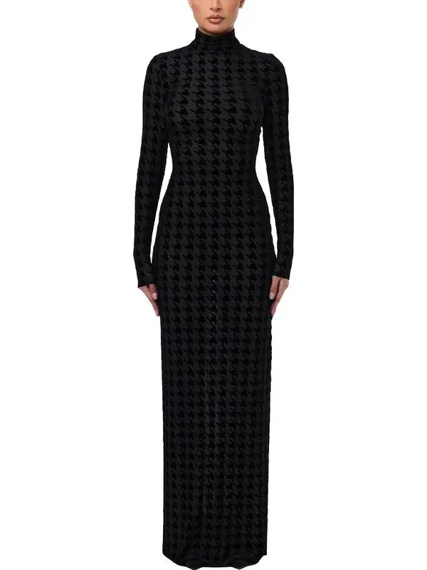 Naked Wardrobe Burnout Long Sleeve Maxi Dress - Black Houndstooth