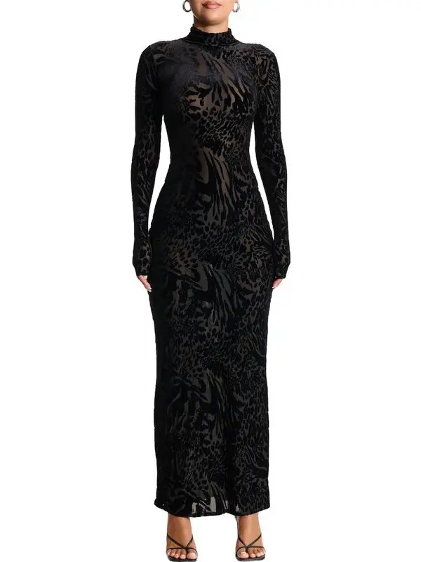 Naked Wardrobe Burnout Long Sleeve Maxi Dress - Black