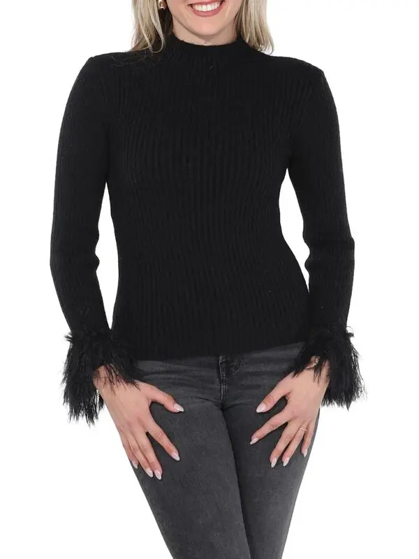 RAIN AND ROSE Faux Feather Cuff Ribbed Sweater - Black
