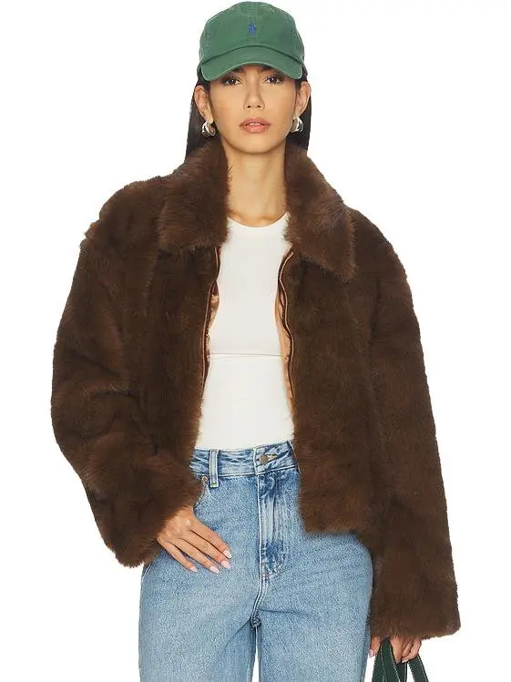 Bardot Sylvie Zip Faux Fur Jacket - Chocolate
