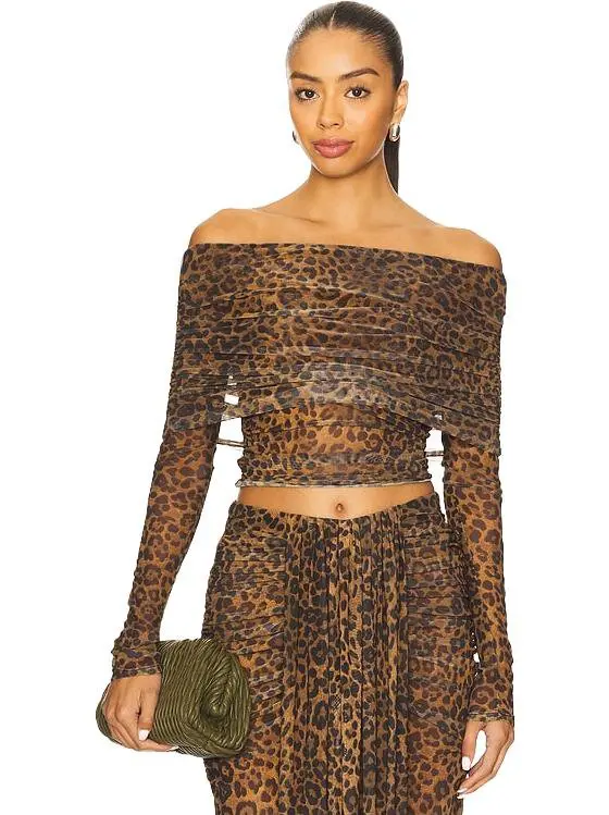 Lapointe Printed Mesh Off-the-shoulder Top - Brown