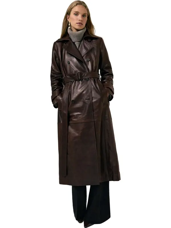 REISS Hattie Leather Double-breasted Trench Coat - Chocolate