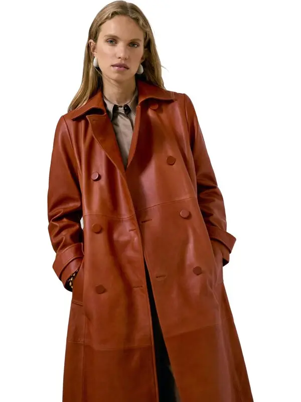 REISS Hattie Leather Double-breasted Trench Coat - Tan