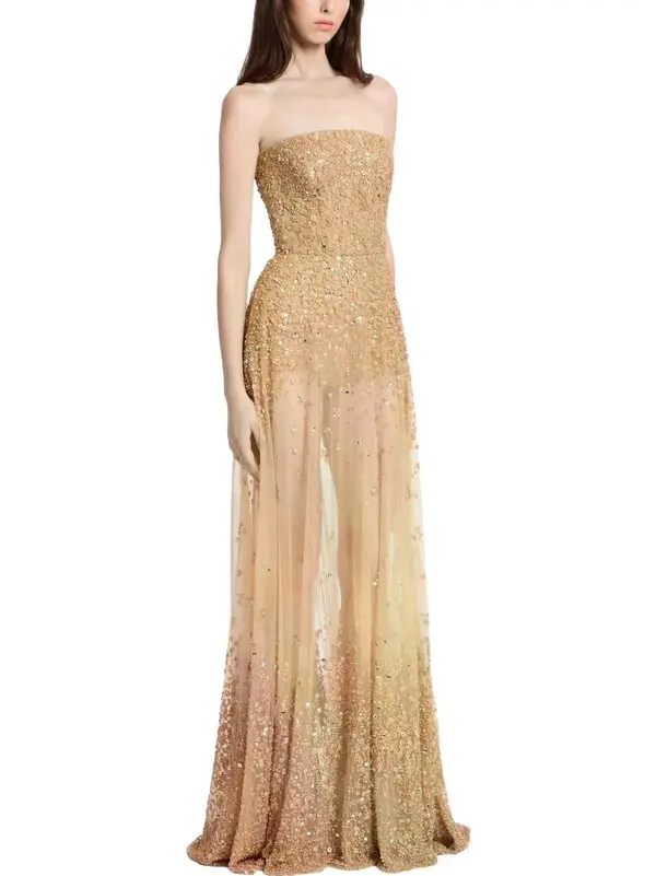 Elie Saab Strapless Beaded Embroidered Gown - Gold