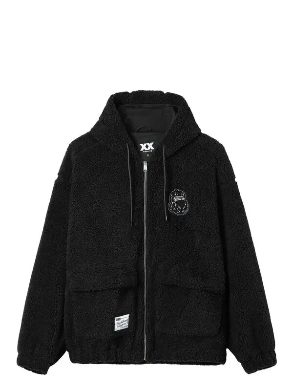 FINGERCROXX Embroidered Fleece Hooded Jacket - Black