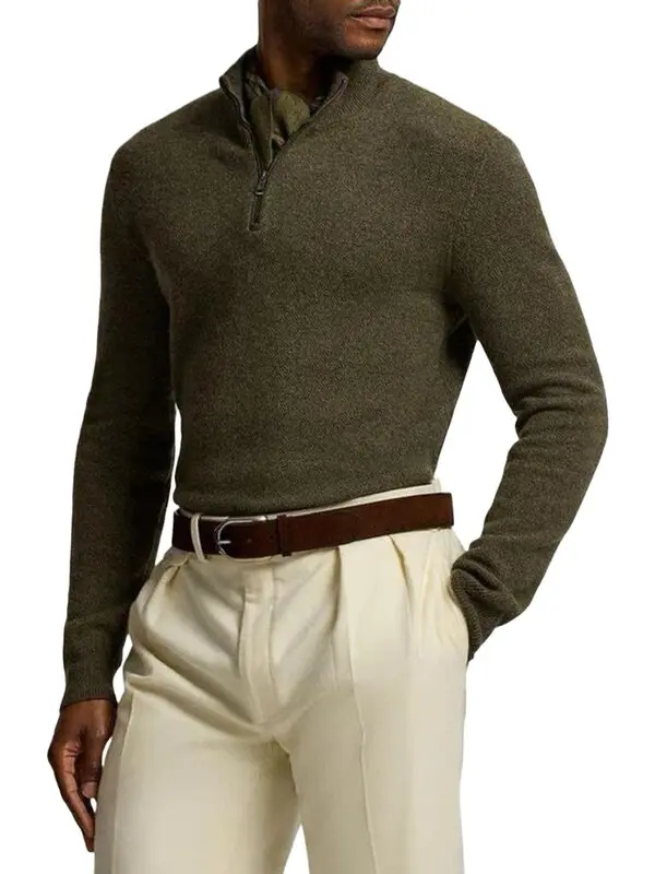 Ralph Lauren Purple Label Cashmere Birdseye Quarter-zip Sweater - Olive Multi