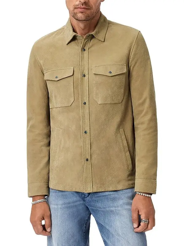 John Varvatos Jonah Herringbone Suede Shirt - Dark Tan