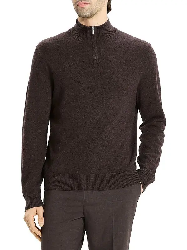 Theory Hilles Cashmere Quarter Zip Sweater - Brownwood Melange