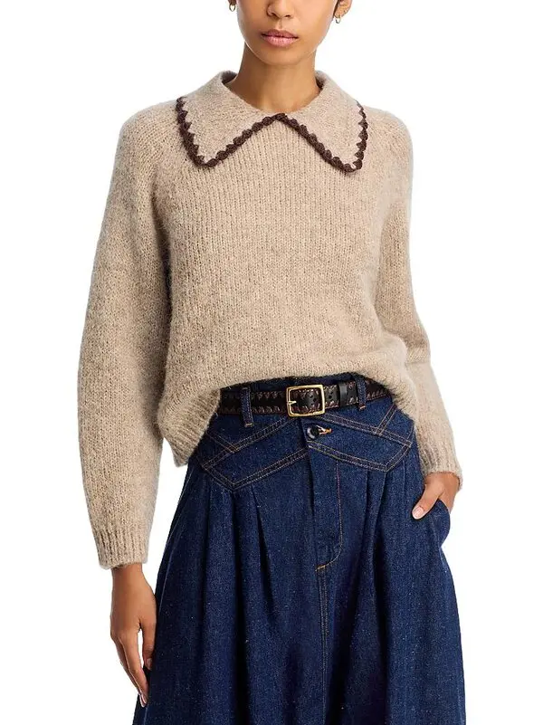 The Great. Crochet Collar Sweater - Oat With Brown