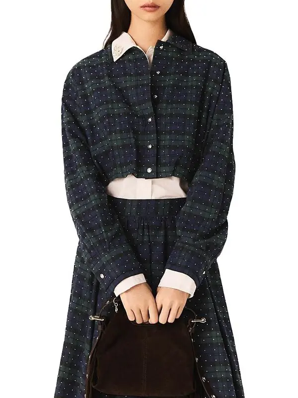 Maje Rhinestone Check Cropped Shirt - Blue / Green