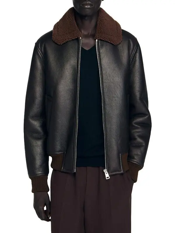 Sandro Reversible Shearling Jacket - Chocolate