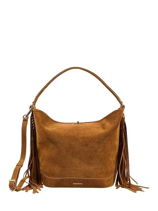 Sandro Fringed Suede Bucket Bag - Camel