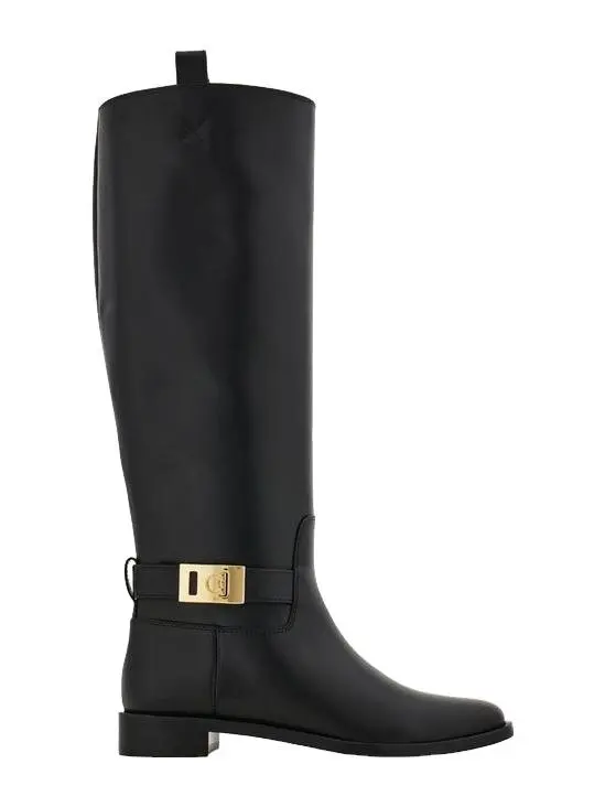 FERRAGAMO Knee-high Boot With Hug Buckle Detail - Black