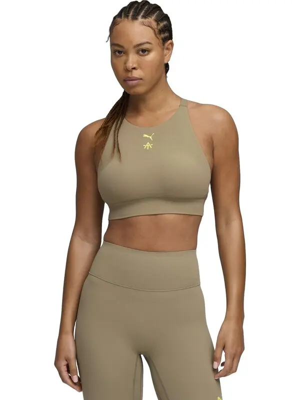 PUMA X Alex Toussaint Shapeluxe Moisture Wicking, Mid Impact Sports Bra - Brown