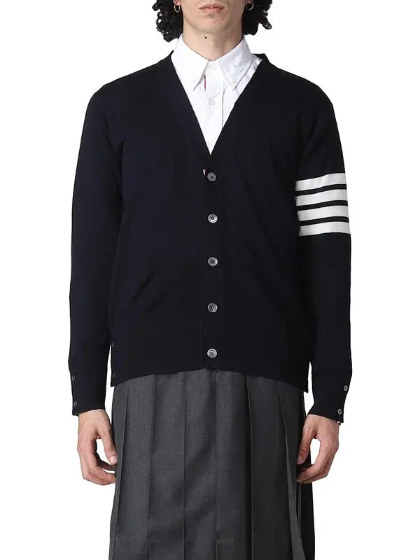 Thom Browne Wool Cardigan With Striped Detail - Navy