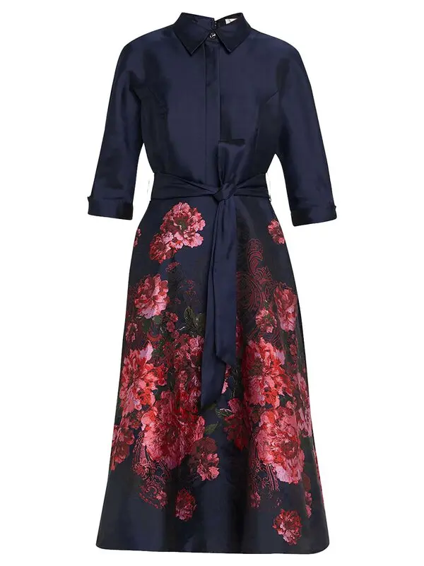 Rickie Freeman For Teri Jon Floral Paisley Jacquard Midi Shirtdress - Navy Multi