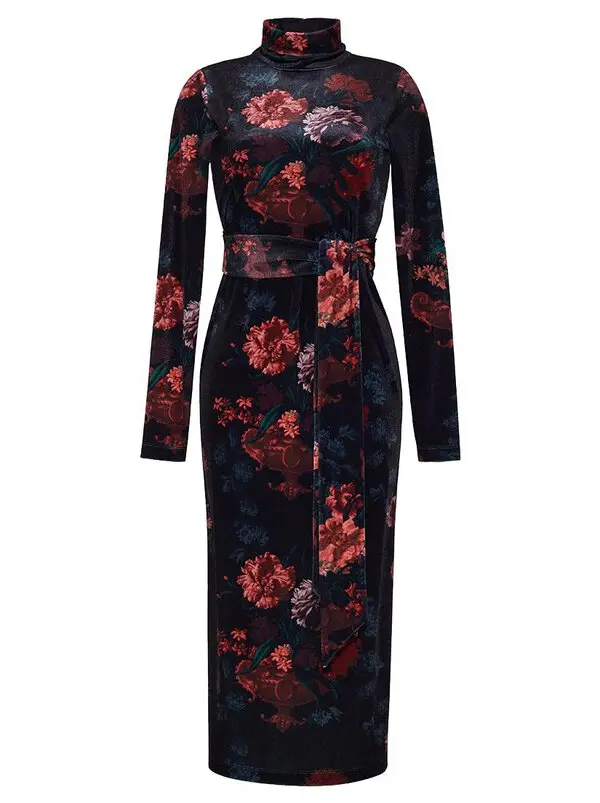 Cara Cara Piper Printed Velvet Midi Dress - Eternal Flora Black