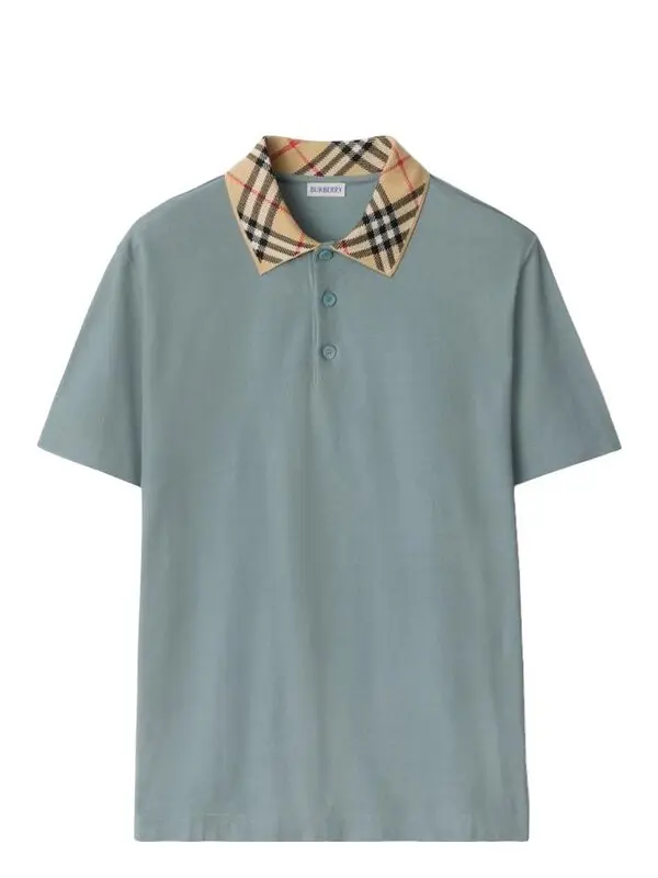 Burberry Check Collar Cotton Polo Shirt - Blue Grey