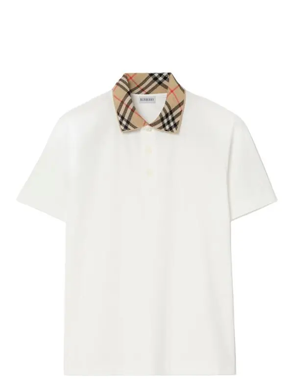 Burberry Check Collar Cotton Polo Shirt - Chalk White