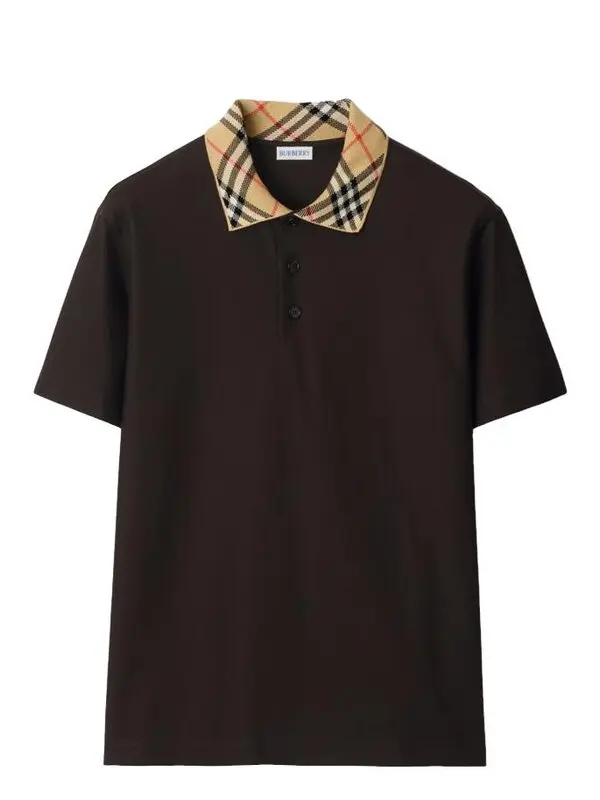 Burberry Check Collar Cotton Polo Shirt - Clove Brown