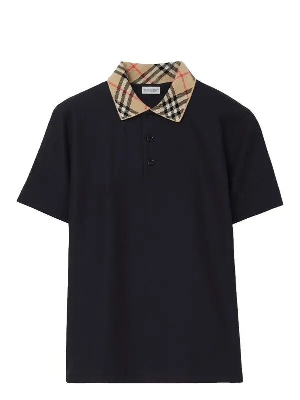Burberry Check Collar Cotton Polo Shirt - Navy
