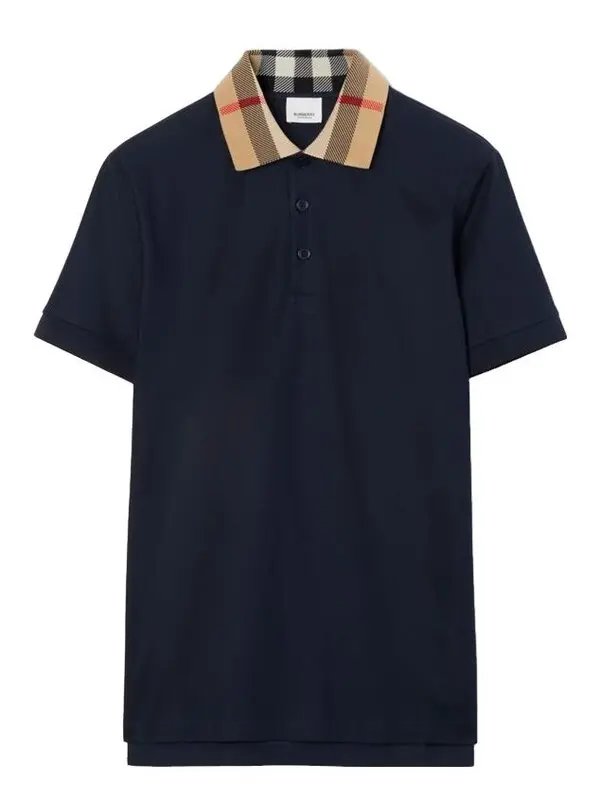 Burberry Check Collar Cotton Polo Shirt - Smoked Navy
