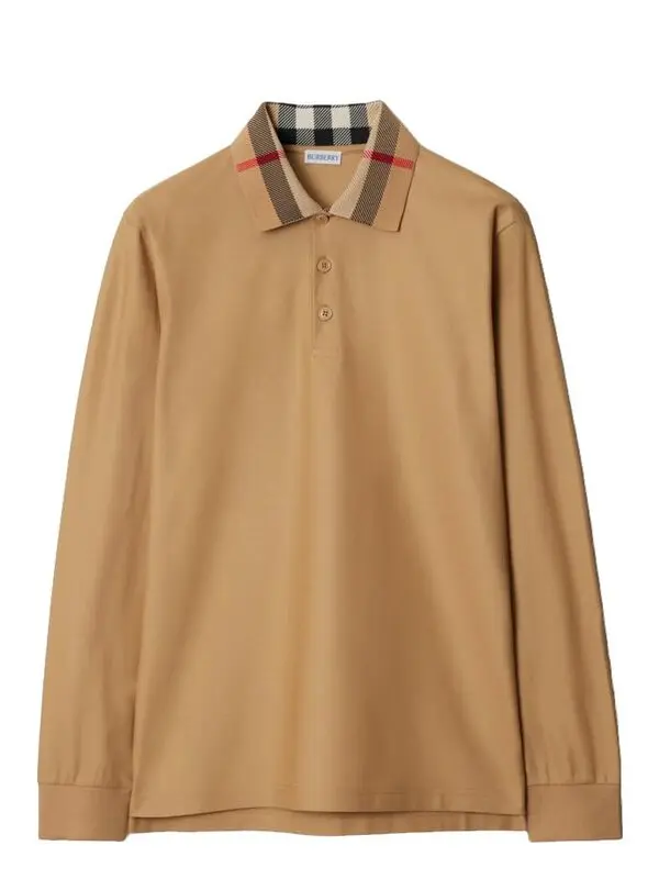Burberry Long-sleeve Check Collar Cotton Polo Shirt - Archive Beige